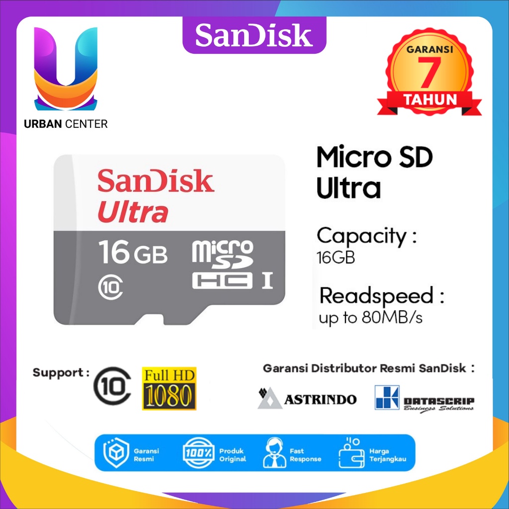 Jual Memory Card Micro SD 16GB SanDisk Ultra up to 80Mbps Class 10 ...