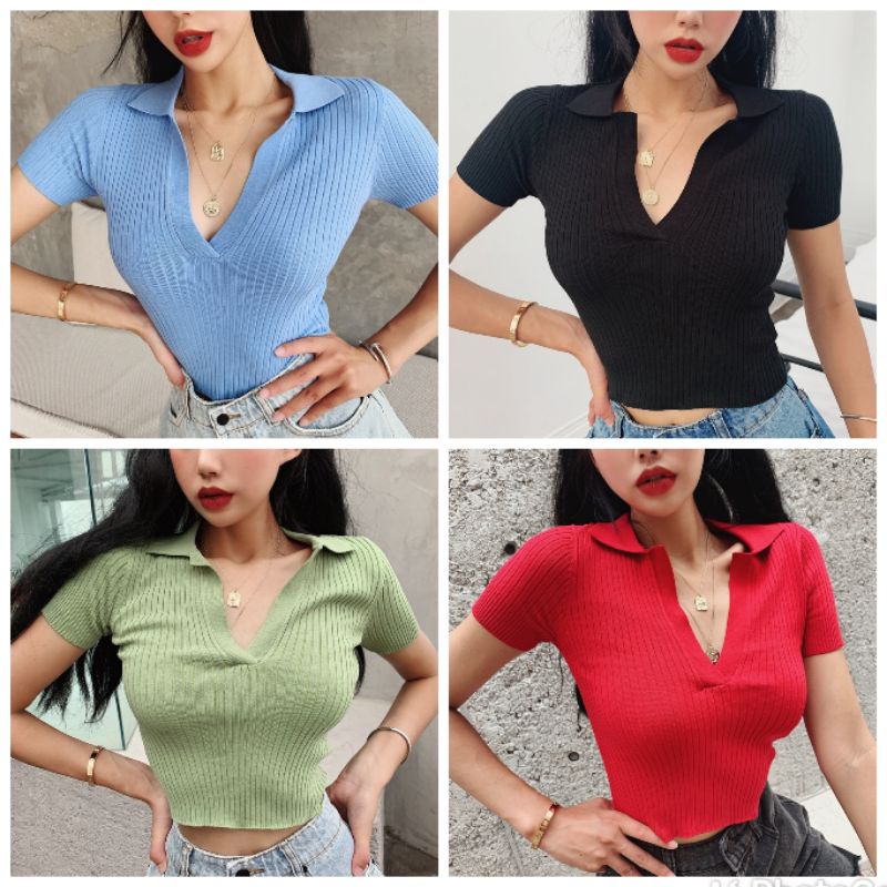Jual Korean Vneck Crop Top Blouse / Polo Shirt Atasan Wanita VTOP | Shopee Indonesia