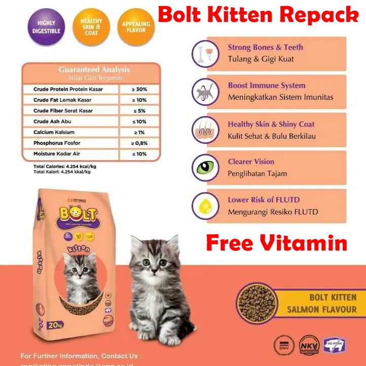 Jual Makanan Kucing BOLT Kitten 1KG Free Vitamin Repack Cat Dry Food ...