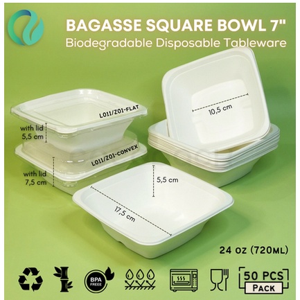 Jual Tempat Makan Ramah Lingkungan Sekali Pakai - 10 PCS Bagasse Square Bowl 7 Inch + Lid 24oz ...
