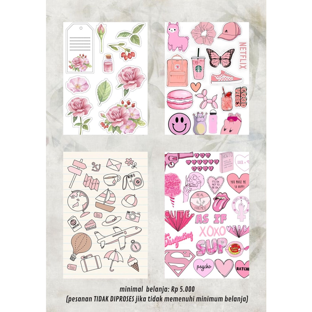 Jual pink theme sticker for handphone/laptop/scrapbook journal (stiker ...