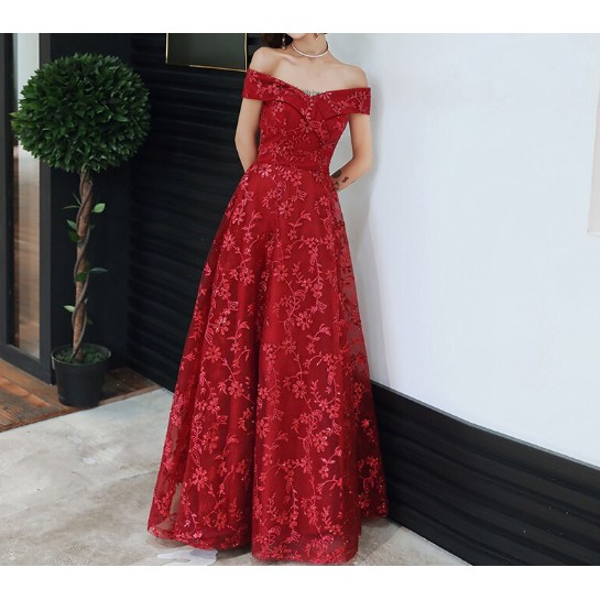 Jual Anggur Mewah Merah Renda Gaun Malam Plus Ukuran Elegan Boat Neck ...