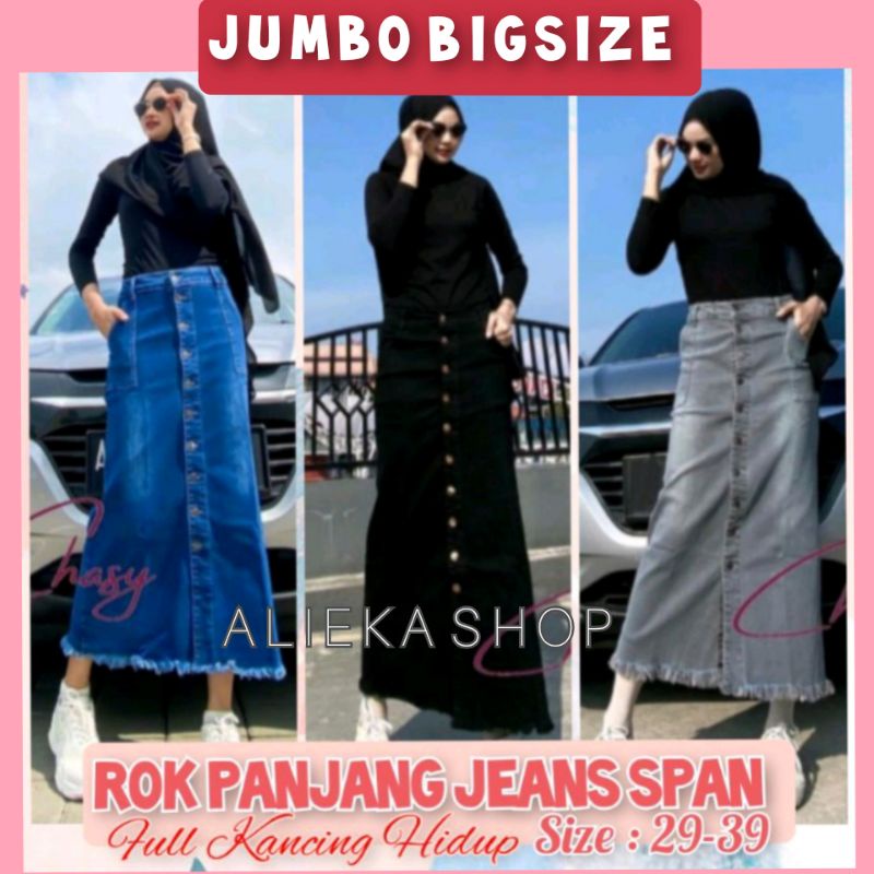 Jual ROK PANJANG JEANS SPAN FULL KANCING Ukuran Standar dan Jumbo 29-39 ...