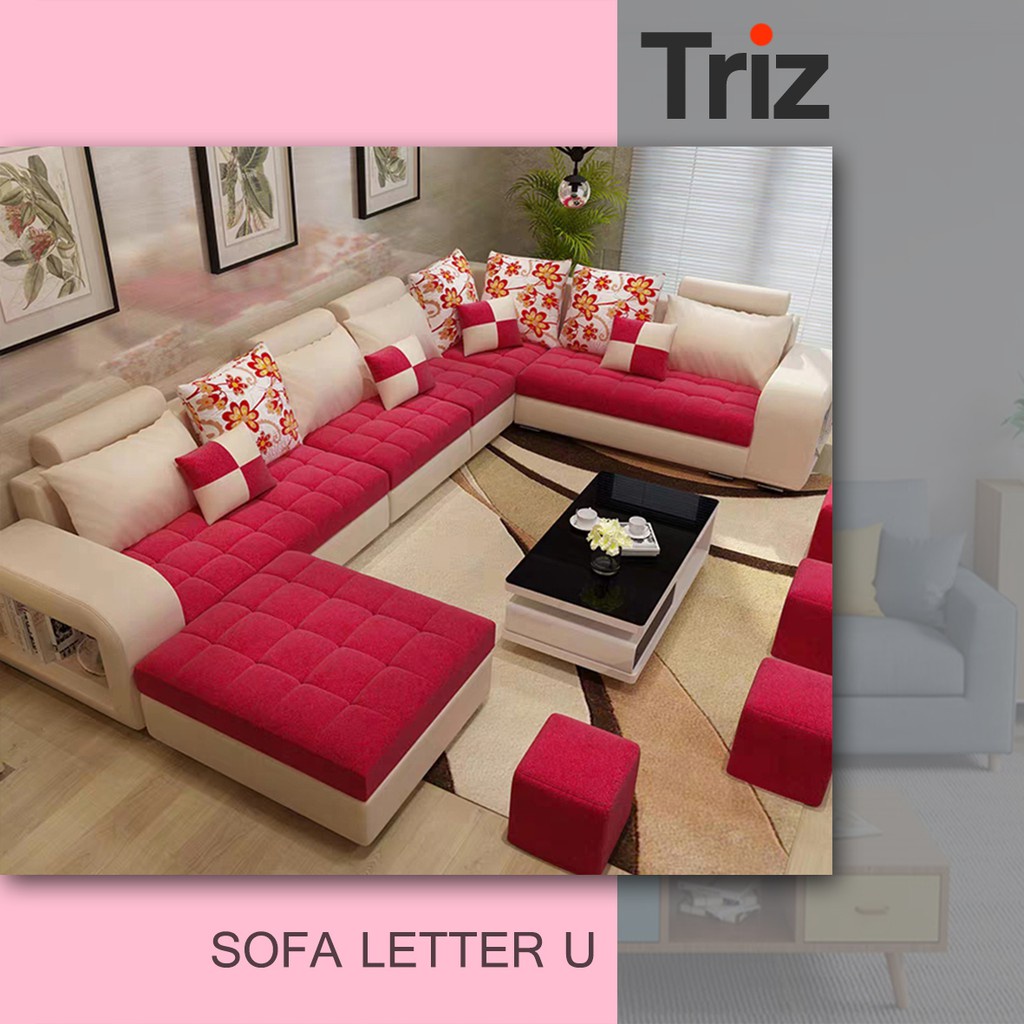 Jual sofa letter u 7 seater furniture minimalis warna merah cream meja ...