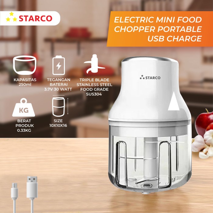 Jual STARCO PORTABLE FOOD CHOPPER/MINI CHOPPER USB CHARGE 250 ML ...