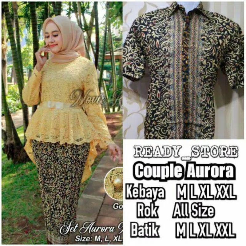 Jual Couple Kebaya Brokat Aurora Kuning Motif Cacing Gold / Couple ...