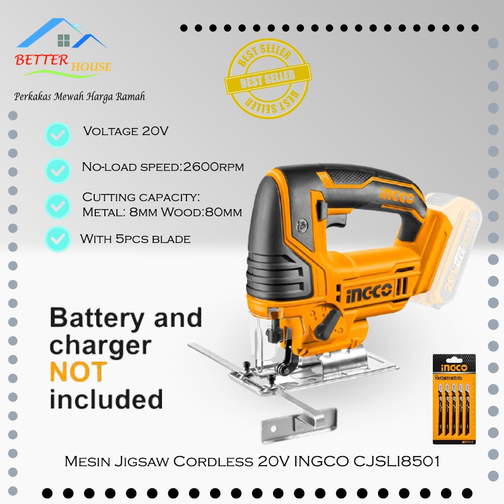 Jual MESIN JIGSAW CORDLESS 20V INGCO CJSLI8501 UNIT ONLY | Shopee Indonesia