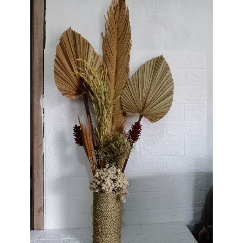 Jual Paket Bunga Kering+Pot Mendong+Daun Palem Kering Rustic Aesthetic ...