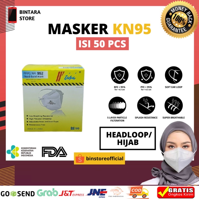 Jual MASKER KN95 HIJAB HEADLOOP 5Ply Box Isi 20pcs / 50pcs Headloop BFE ...