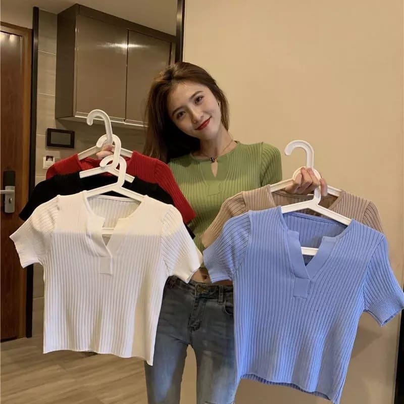Jual Atasan Kerah V-neck Rajut / Korean Vneck Crop Top Blouse / T-Shirt Atasan Wanita | Shopee ...