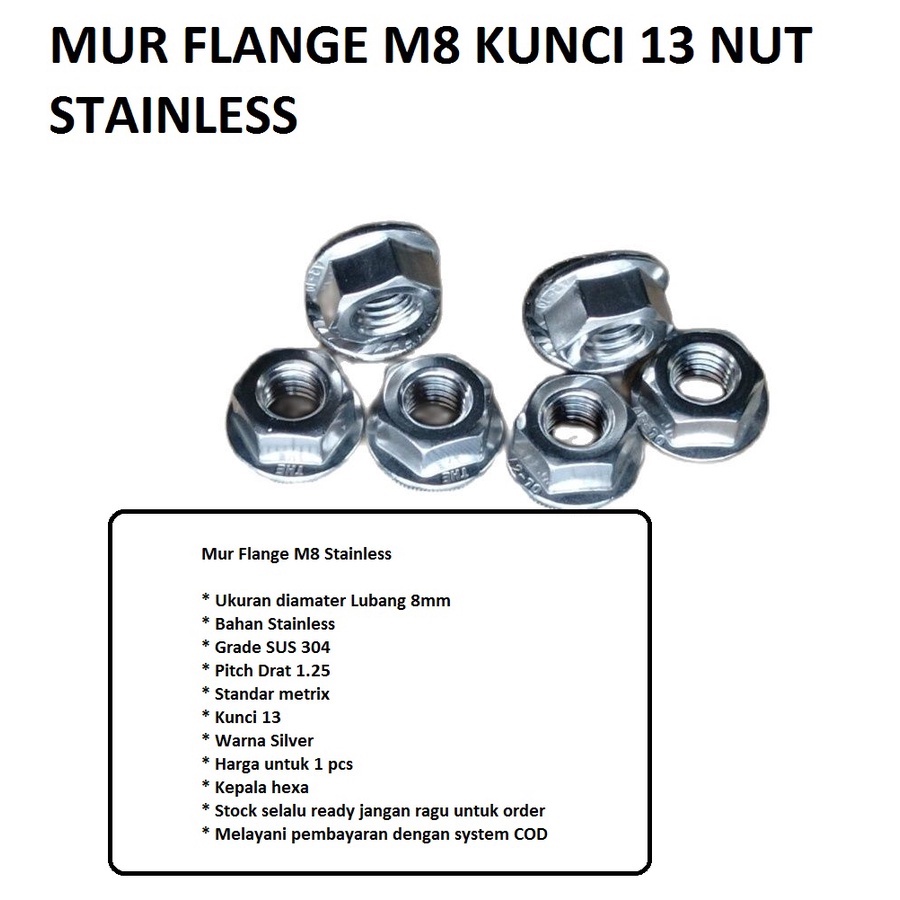 Jual MUR M8 / FLANGE NUT M8 / MUR FLANGE M8 KUNCI 13 / NUT STAINLESS M8 ...