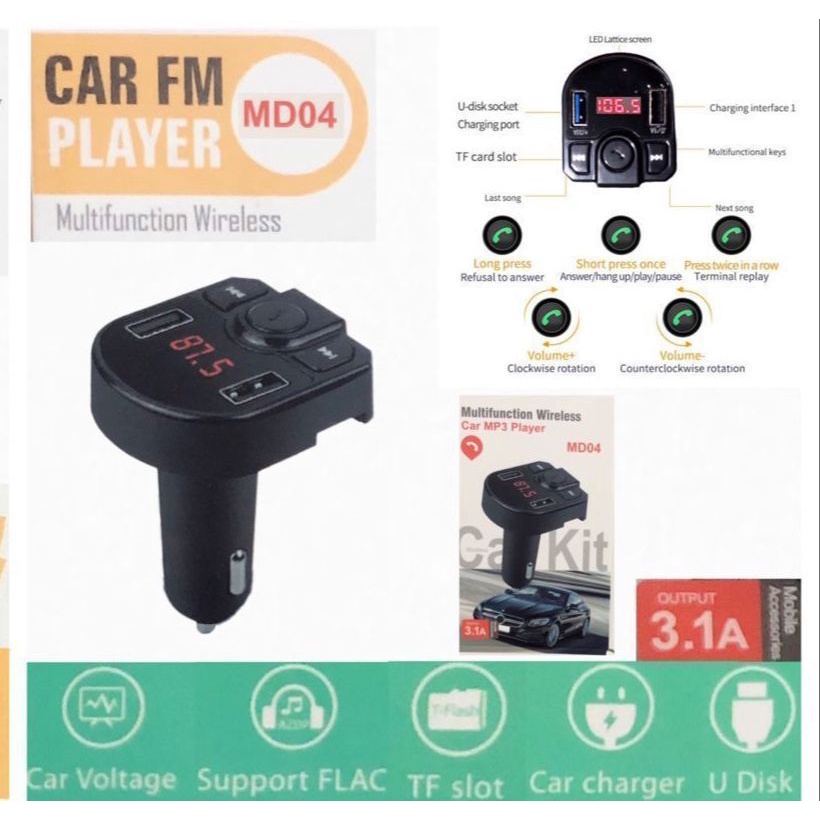 Jual CAR CHARGER BLUETOOTH MD03 / M9 2 USB MP3 FM MODULATOR TRANSMITTER ...
