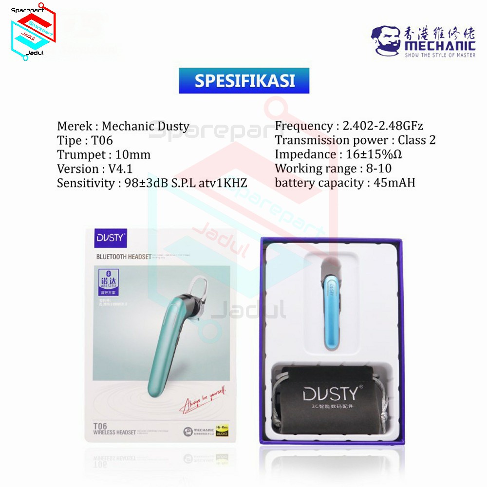Jual Mechanic Dusty Wireless Bluetooth Headset T06 Hijau Hi-Res Audio ...