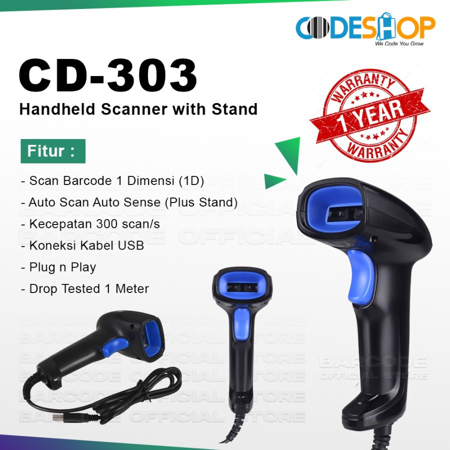 Jual SCANNER BARCODE LASER 1D CODESHOP CD 303 SETARA SCANLOGIC KASSEN ...