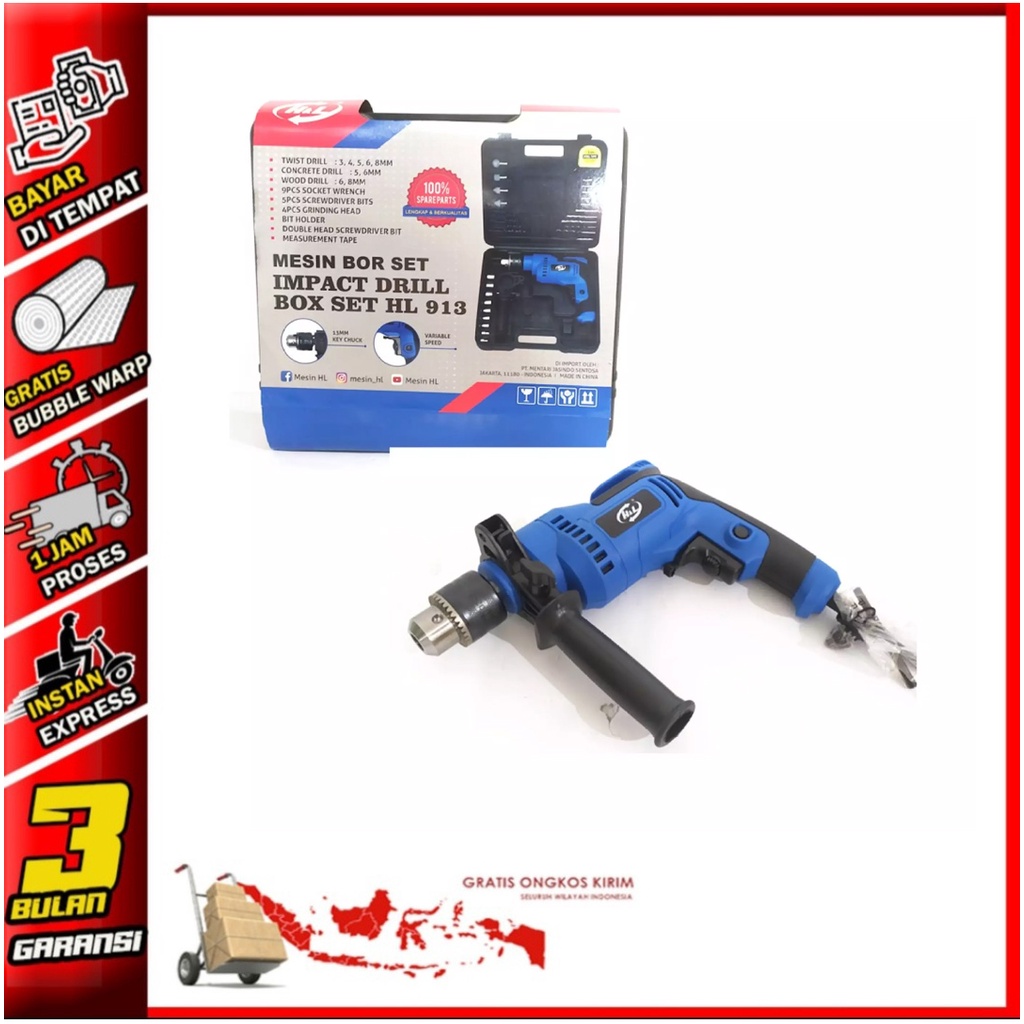 Jual Mesin Bor Tembok Beton 13mm Box Set H&L 913 Impact Drill H&L Bolak ...