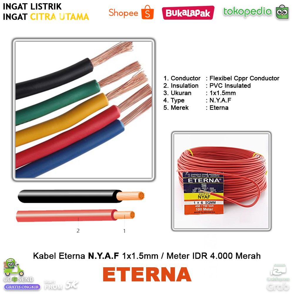 Jual KABEL TUNGGAL TEMBAGA SERABUT NYAF 1x1.5mm ETERNA - Merah | Shopee Indonesia