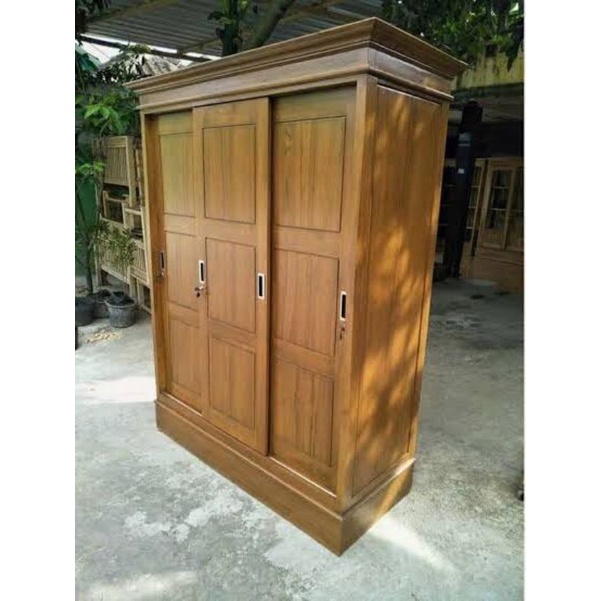 Jual lemari pakaian minimalis sliding 3 pintu kayu jati | Shopee Indonesia