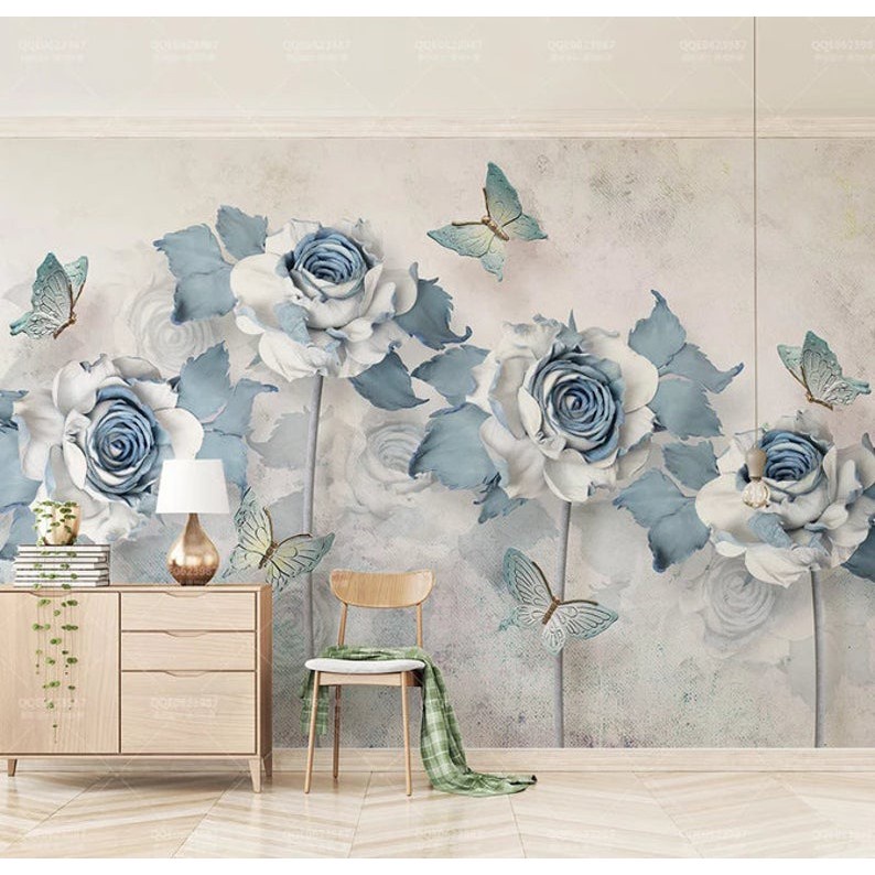 Jual 3D WALLPAPER CUSTOM WALLBANNER DINDING Blue Rose and Butter fly ...