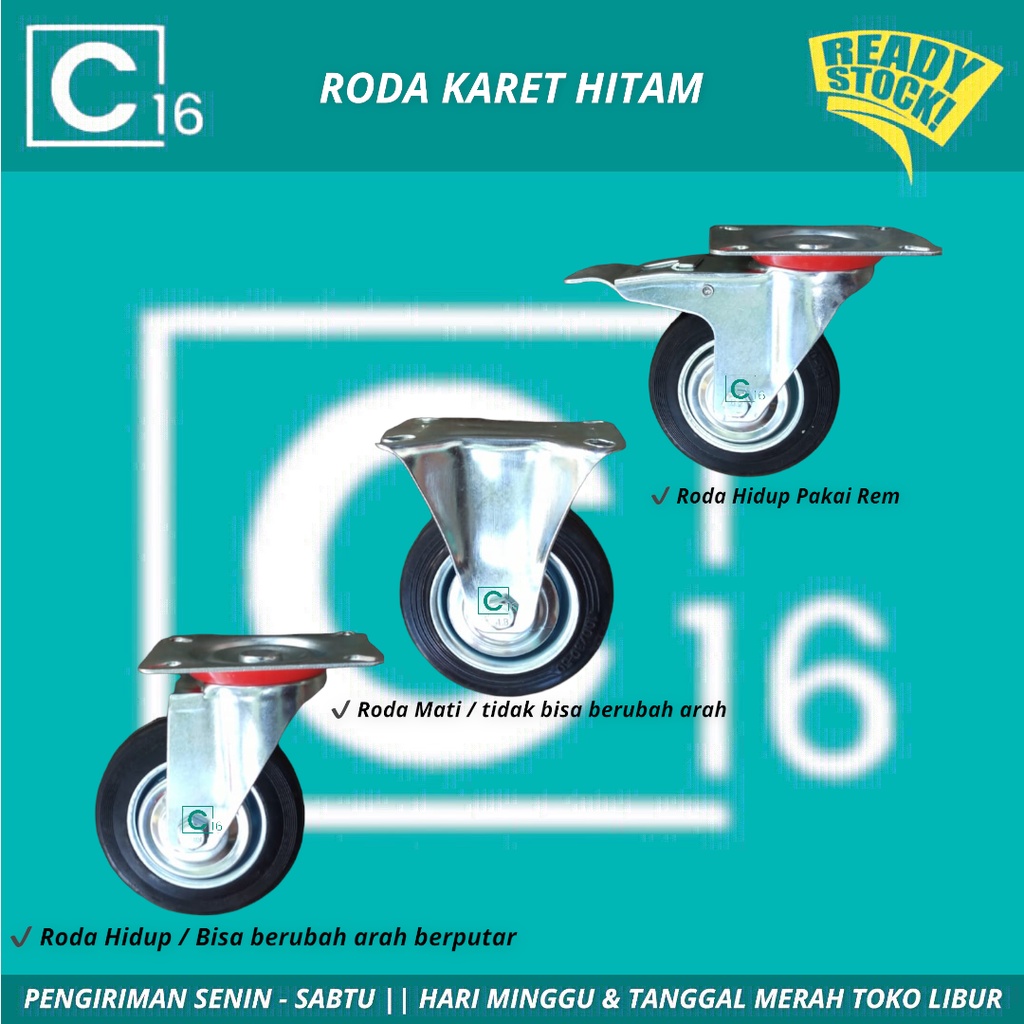Jual Roda Gerobak Troli Karet Hitam Hidup Mati Rem Banyak Ukuran/ Roda ...
