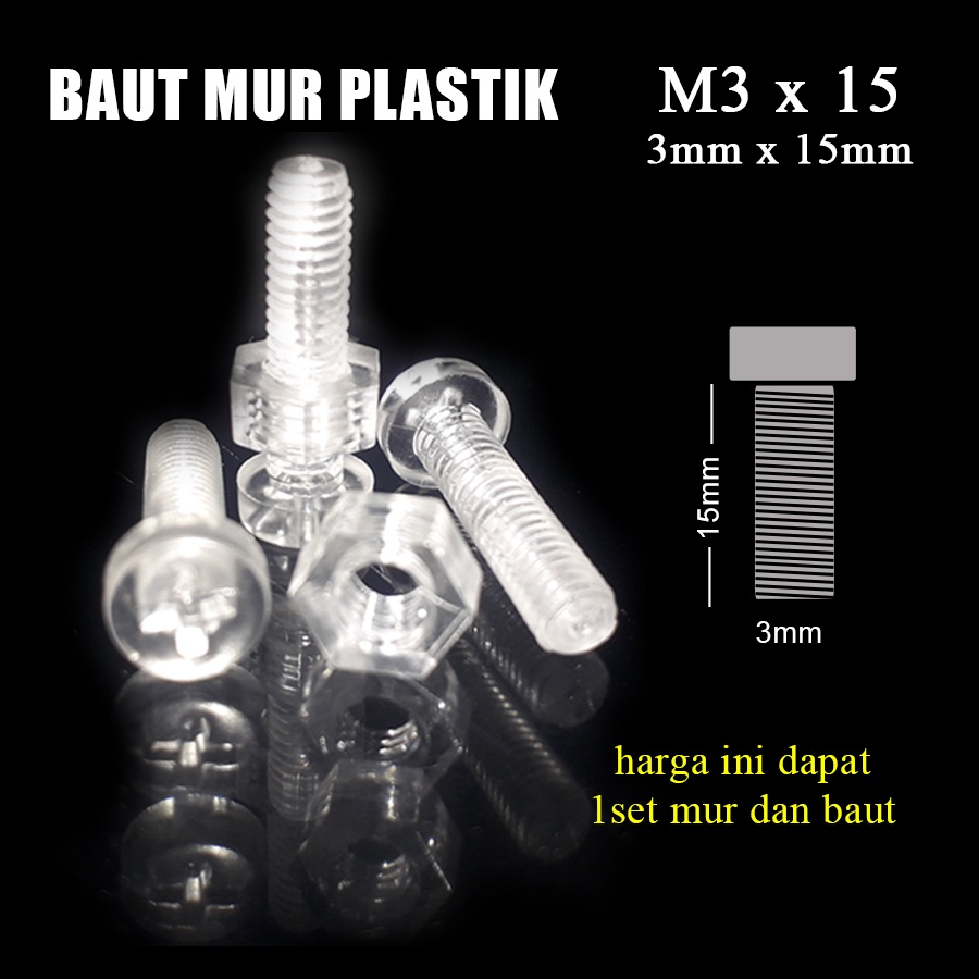 Jual Baut Mur Plastik M3x15 Diameter 3mm Panjang Ulir baut 15mm ...