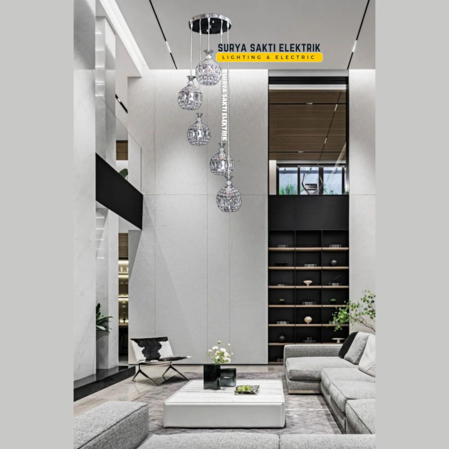 Jual LAMPU GANTUNG KRISTAL SILVER 5 LAMPU CABANG 5 UNTUK RUANG TAMU ...