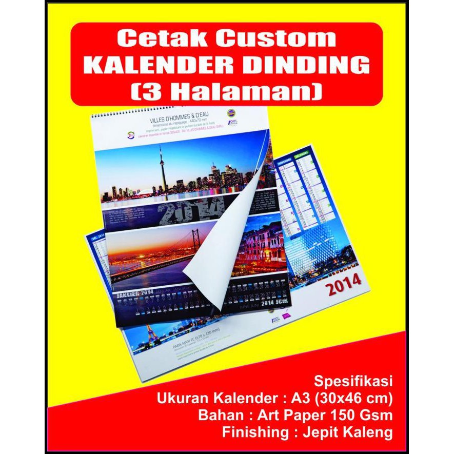Jual Jasa Cetak Kalender Custom Satuan (3 Halaman) Ukuran A3+ (30*46 ...