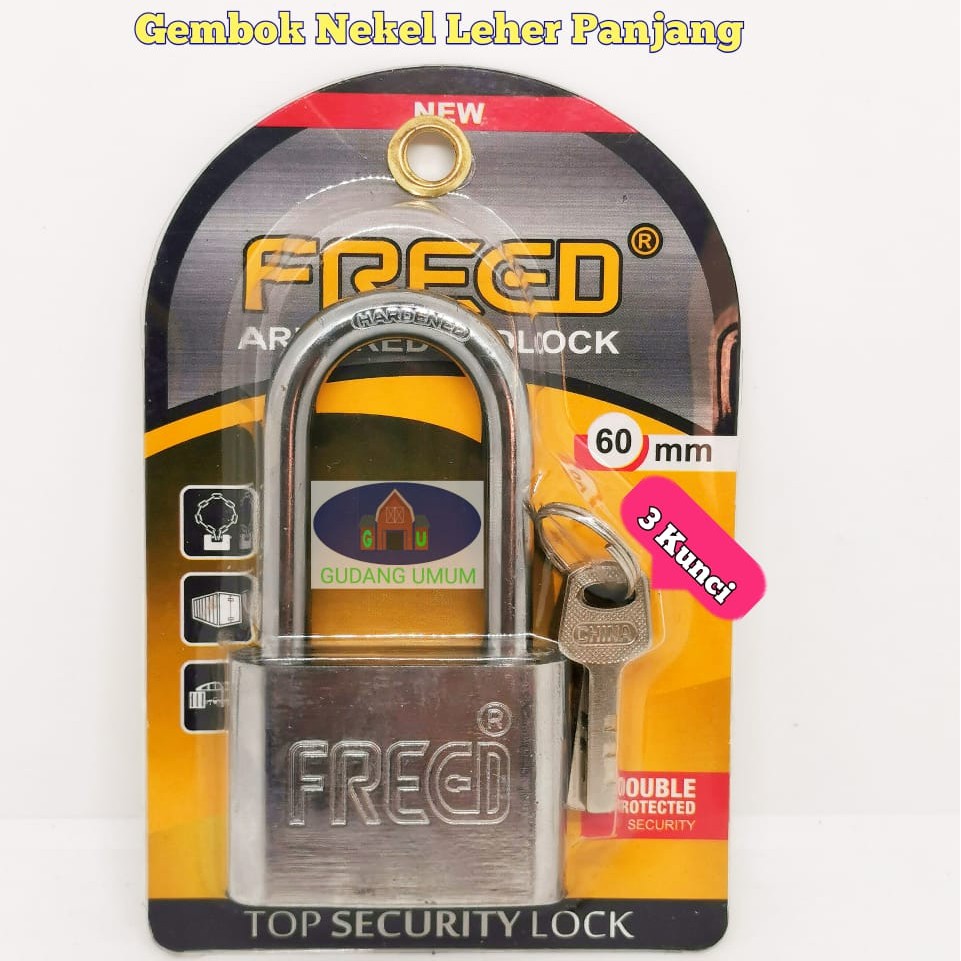 Jual Gembok Nekel 60 mm Merk FREED Leher Panjang Armored PadLock Chrome ...