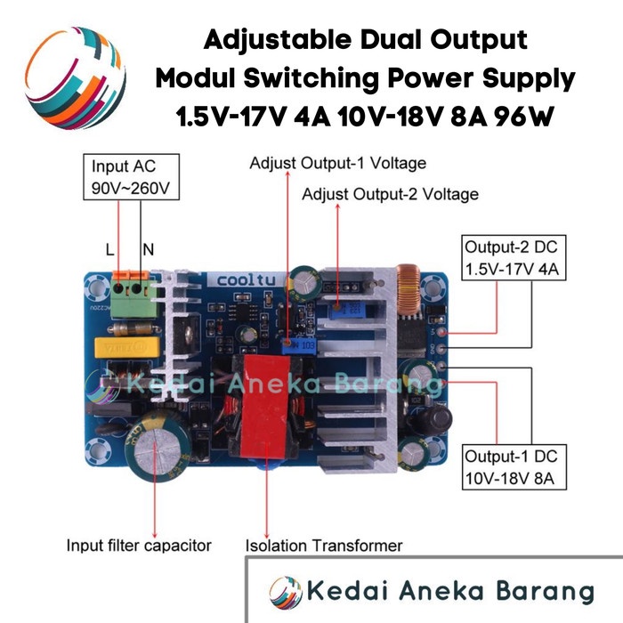 Jual Adjustable Dual Double Dobel Output Ganda Module Modul Switching Power Supply SMPS PSU 1.5V ...