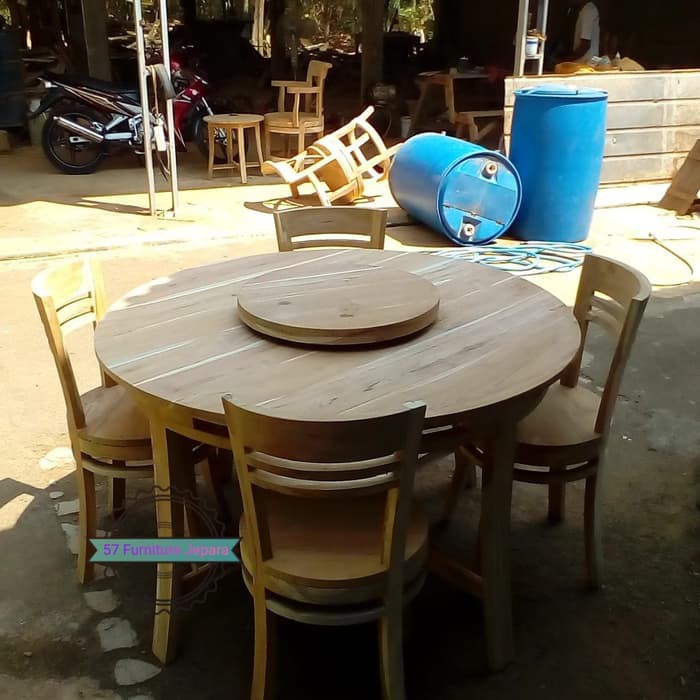 Jual Meja makan bundar + meja putar kursi 4 kayu jati mentahan | Shopee Indonesia