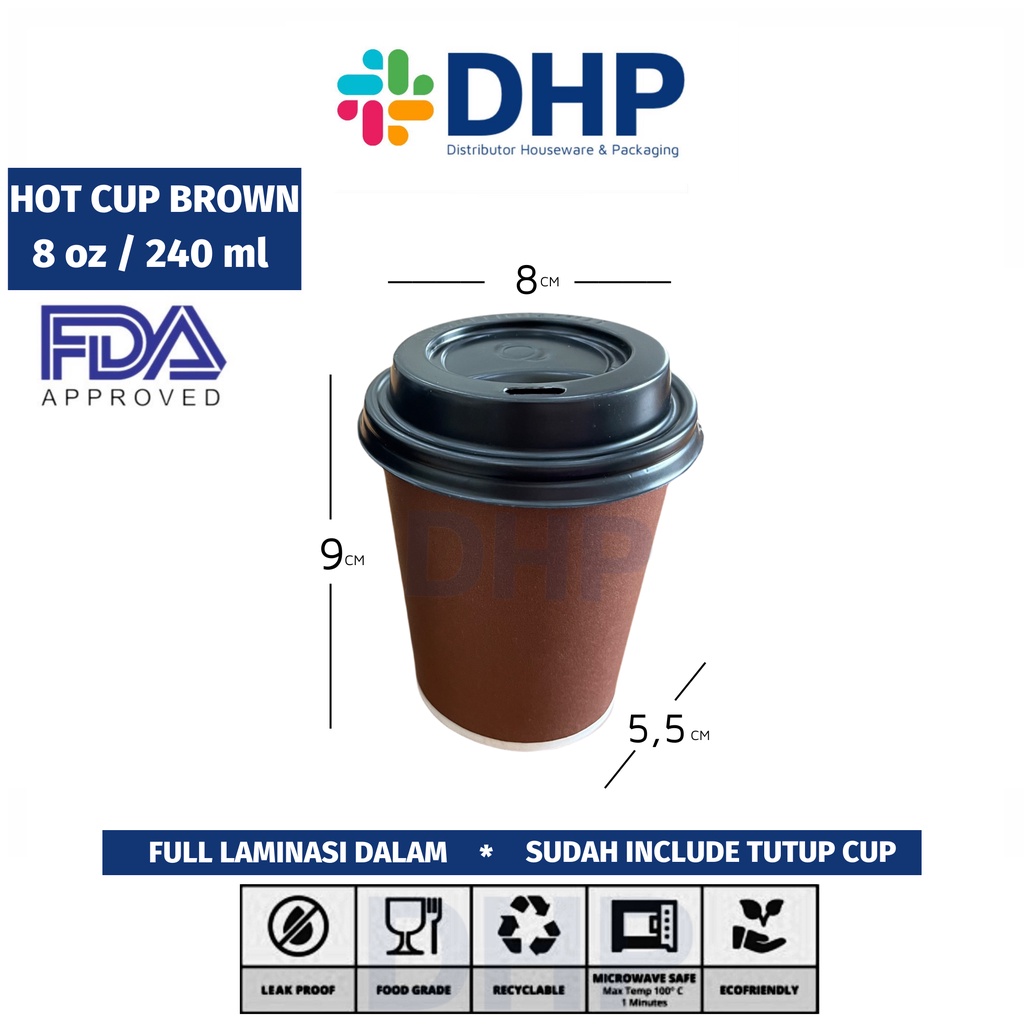 Jual Hot Cup 8 oz (240ml) + TUTUP Paper Gelas Kopi Polos Tahan Panas Anti Bocor (MINIMAL ORDER ...