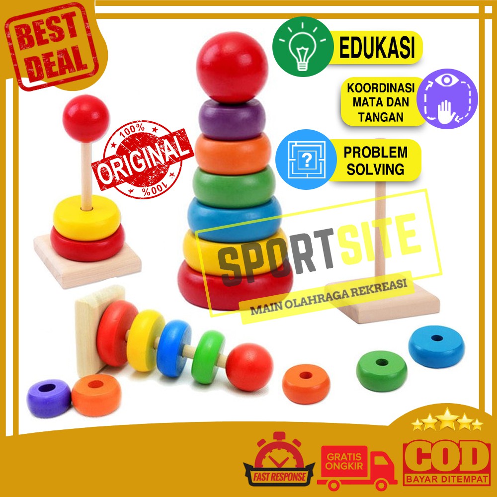 Jual Rainbow Tower Menara Balok Kayu Susun Warna Warni Mainan Edukasi ...