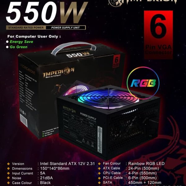 Jual Imperion Power supply 550w LED RGB 6 PIN Power Suppaly Gaming PSU ...