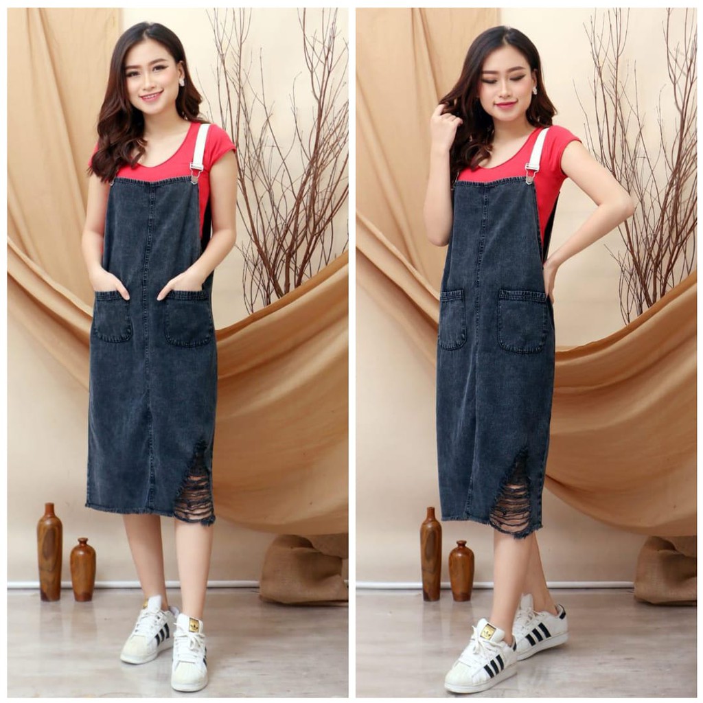 Jual QF TERBARU OVERALL ROK JEANS BLACK SNOW | Shopee Indonesia