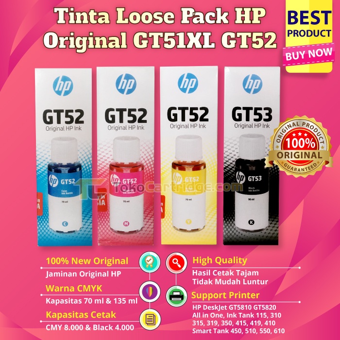 Jual Tinta HP GT51 & GT52 Original untuk HP DeskJet GT5810 & GT5820 All ...