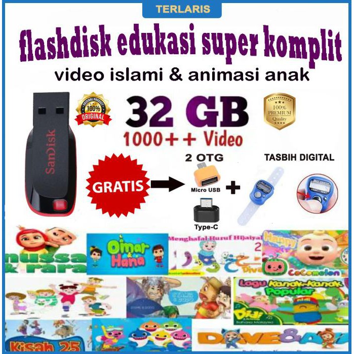 Jual FLASHDISK 32GB BERISI 1000+ + VIDEO EDUKASI ANAK ISLAMI DAN ANIMASI | Shopee Indonesia