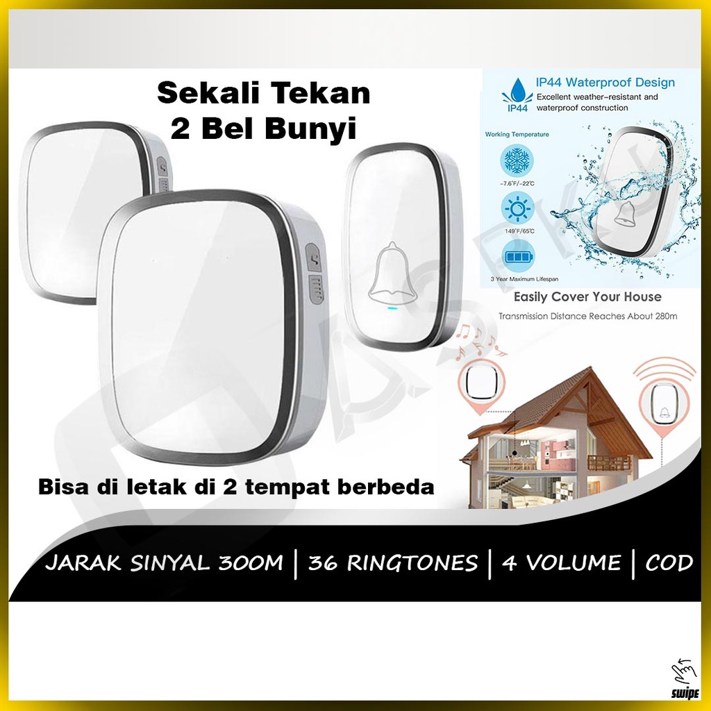 Jual Bel Pintu 2 Receiver Premium Wireless Doorbell 2 Suara Bunyi Ruang ...