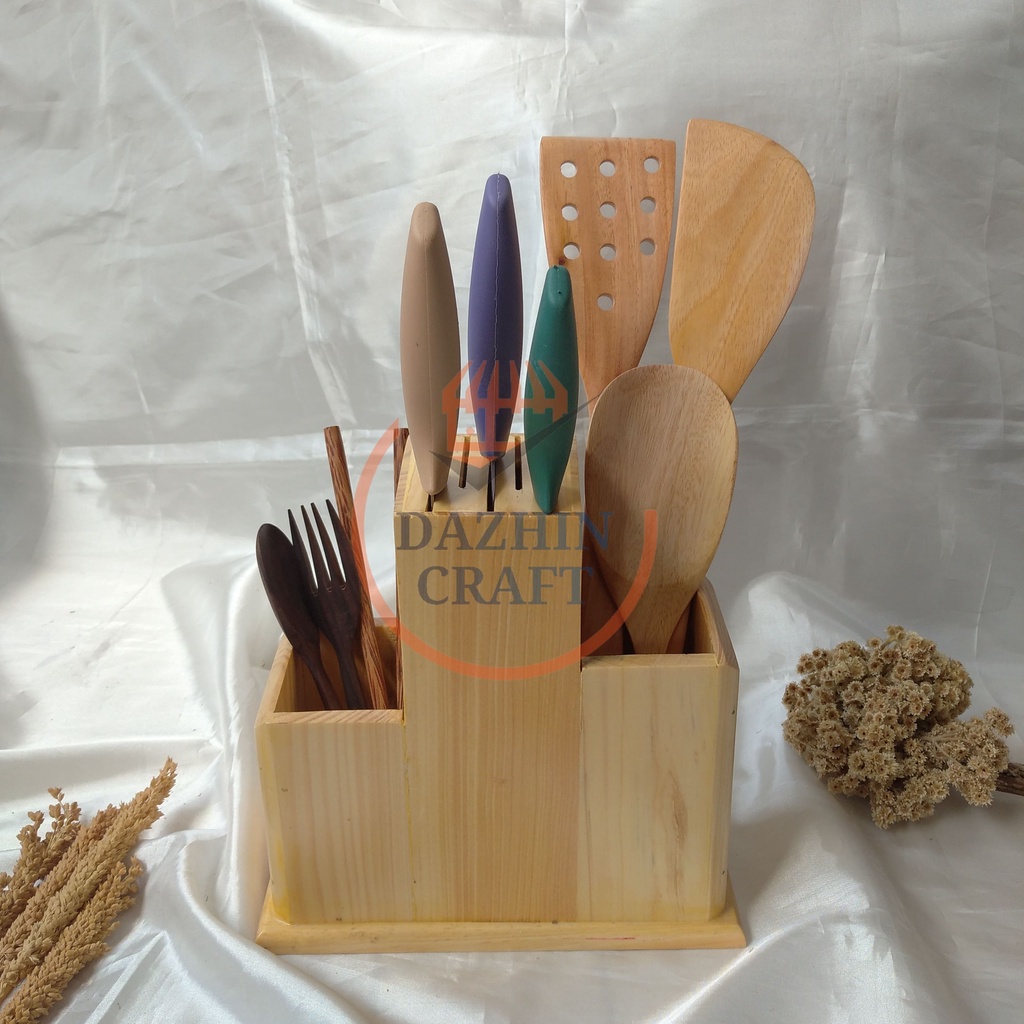 Jual Tempat Pisau dan Sendok Kayu Lubang Double, Kotak Sendok Kayu ...