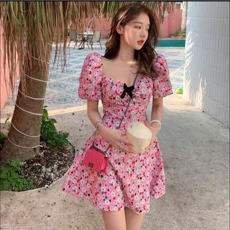 Jual MD30 Korean mini dress balon floral lengan pendek / gaun pendek ...