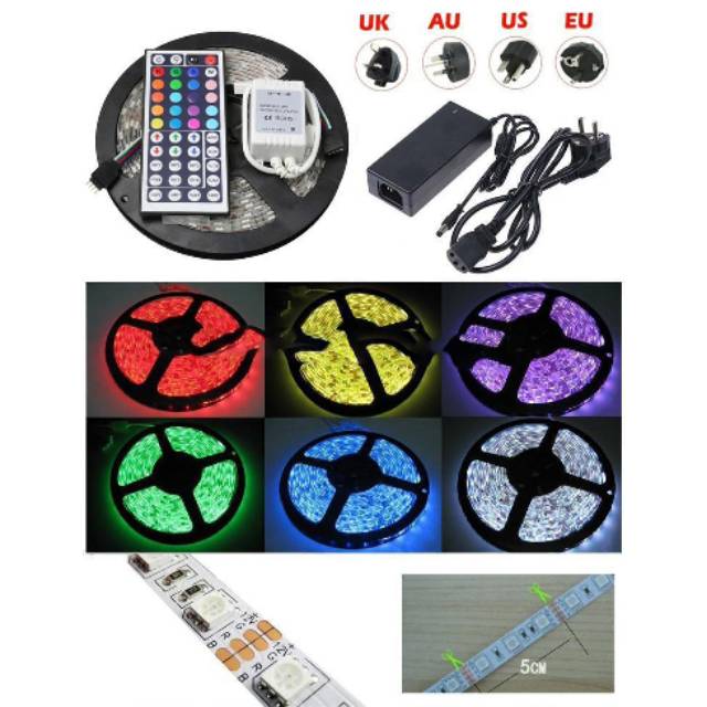 Jual Led Strip Flexible Light Waterproof 5050 RGB 5M with 44 Key Remote ...