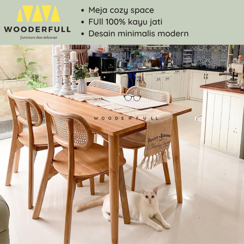 Jual Meja makan minimalis kursi rotan kayu jati dining table set | Shopee Indonesia