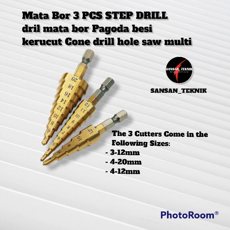 Jual Mata Bor 3 PCS STEP DRILL dril mata bor Pagoda besi kerucut Cone ...