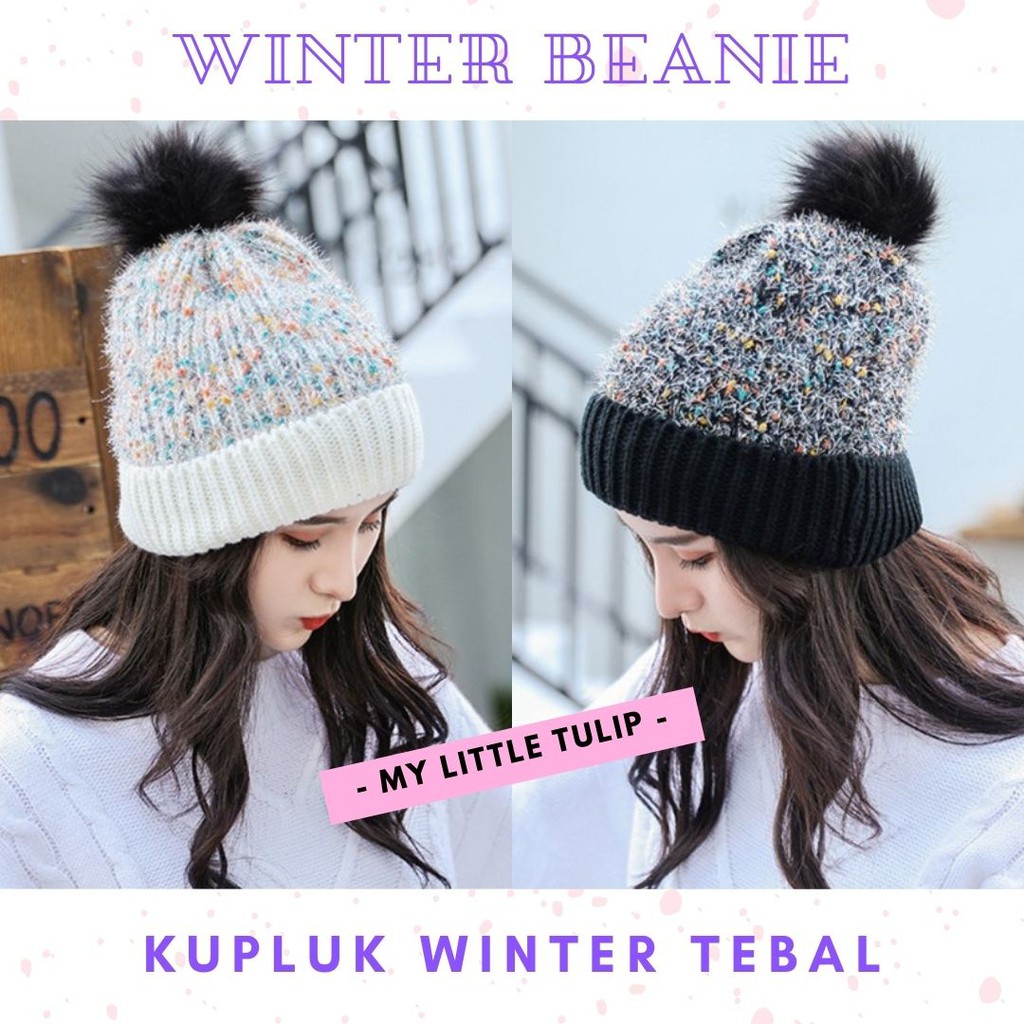 Jual Topi Kupluk Winter Cewek Pom2 Pom Pom Tebal Hangat Menutup Telinga ...