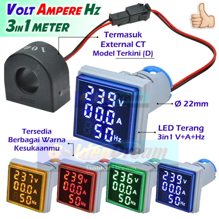 Jual 22mm Square 3in1 AC Volt Ampere Hz Hertz Meter Current Pilot Lamp LED | Shopee Indonesia