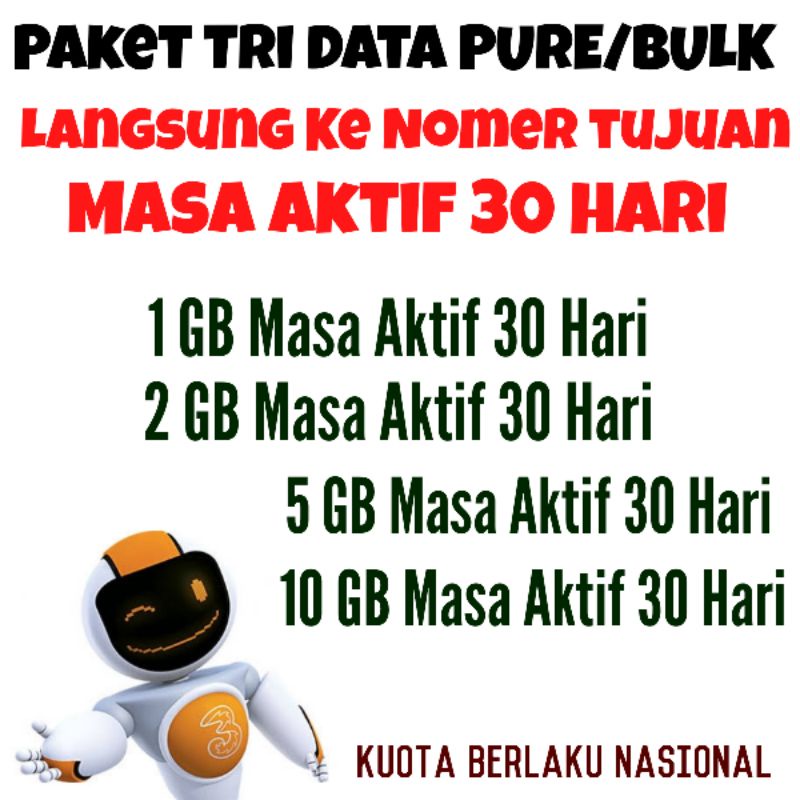 Jual Paket Kuota Tri Data Pure/Bulk Masa Aktif 30 Hari Murah | Shopee ...