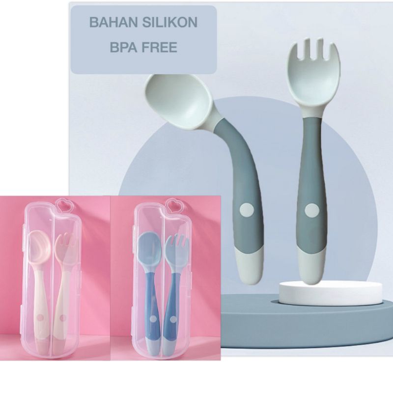 Jual Set baby spoon Sendok garpu bayi bisa melengkung flexible spoon ...