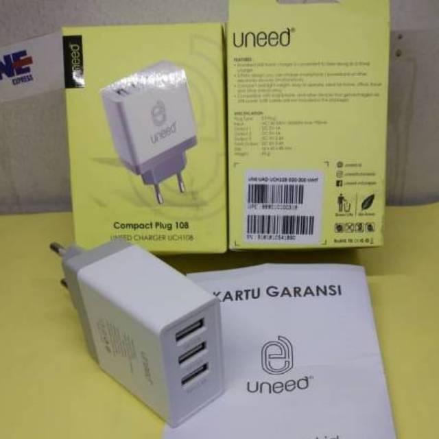 Jual Uneed Smart Wall Charger Adaptor 3 USB Port Fast Charging 2.4A UCH108 | Shopee Indonesia