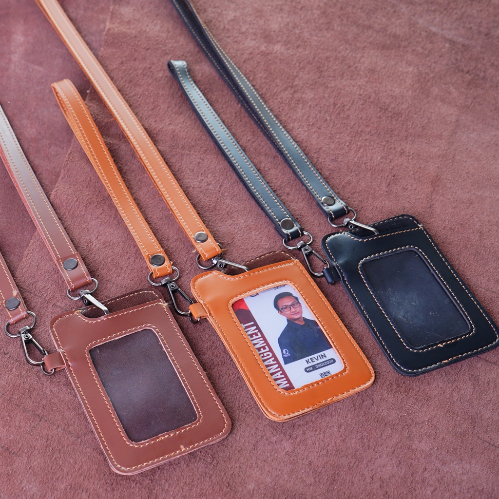 Jual ID Card Kalung Holder Name Tag Pria Wanita Kulit Tali Panjang dan ...