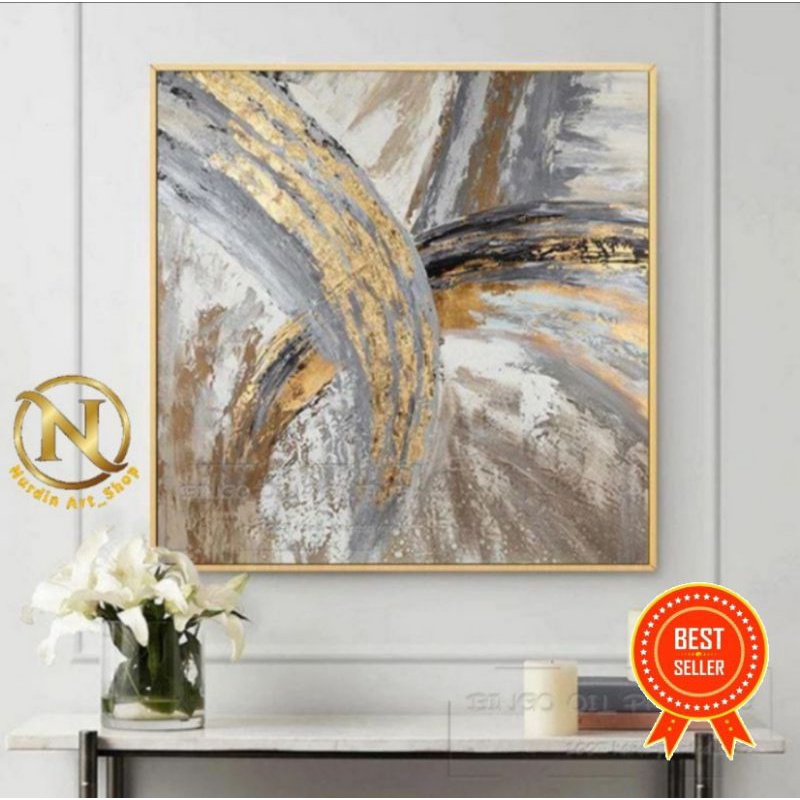 Jual Lukisan Abstrak modern gold 1x1 meter plus Frame | Shopee Indonesia