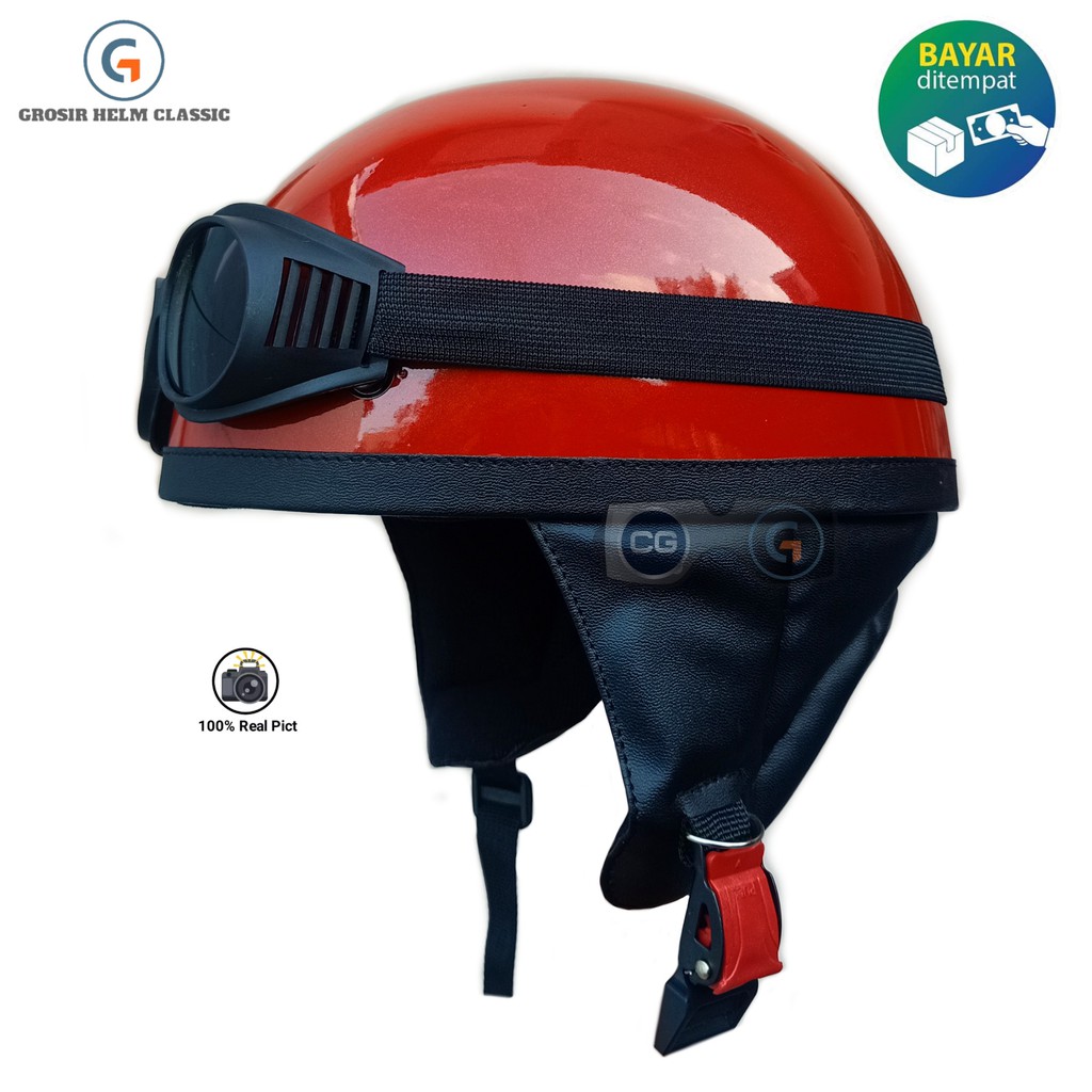 Jual HELM RETRO CHIPS MERAH KOMBINASI KACAMATA/HELM RETRO/HELM KLASIK ...