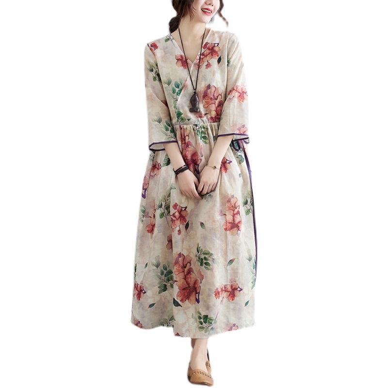 Jual Women 3/4 Sleeve V-neck Floral Long Dress | Shopee Indonesia